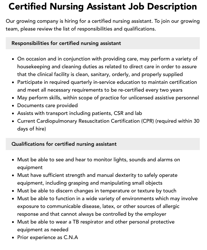 Certified Nursing Assistant Job Description Velvet Jobs