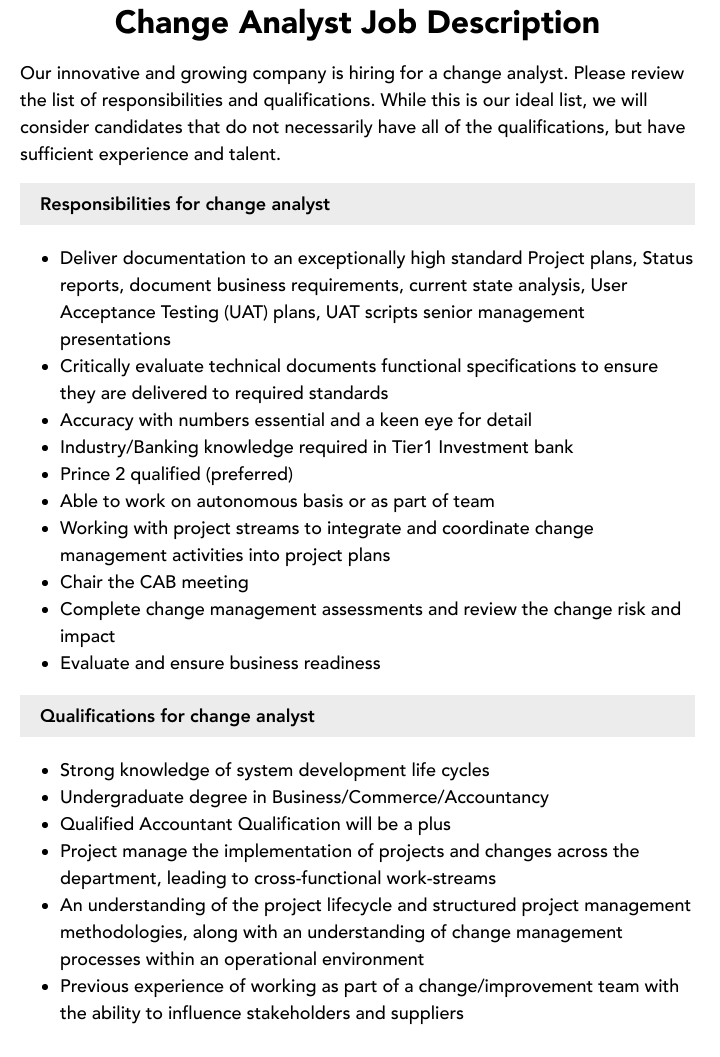 Change Analyst Job Description Velvet Jobs
