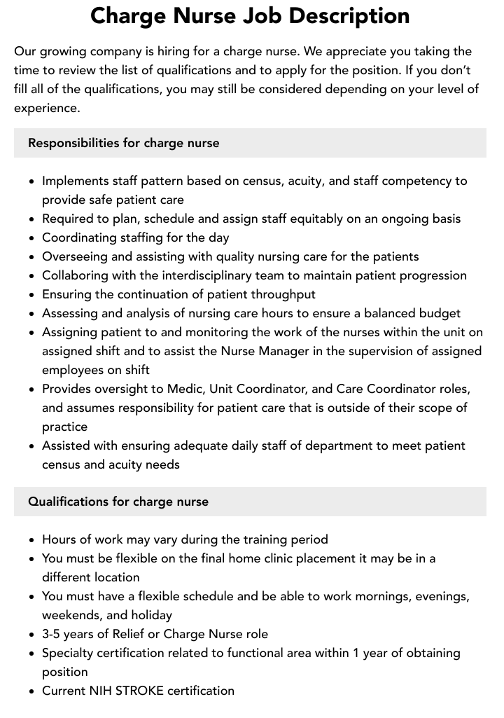 Charge Nurse Job Description Velvet Jobs