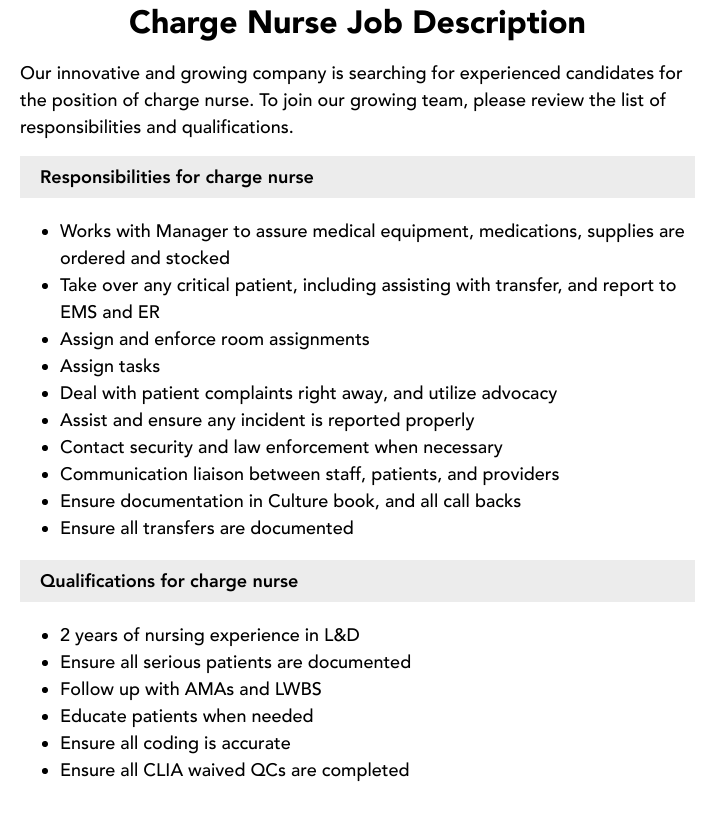 Charge Nurse Job Description Velvet Jobs
