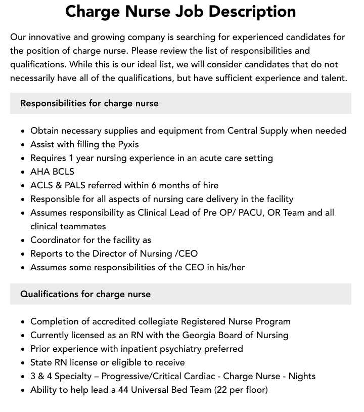 Charge Nurse Job Description Velvet Jobs