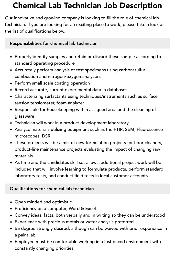 Chemical Lab Technician Job Description Velvet Jobs Chemical Lab Technician Job Description Velvet Jobs