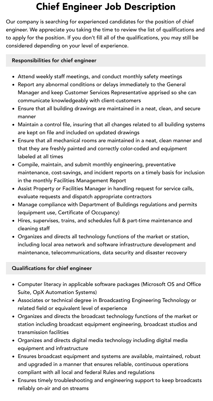 Chief Engineer Job Description Velvet Jobs