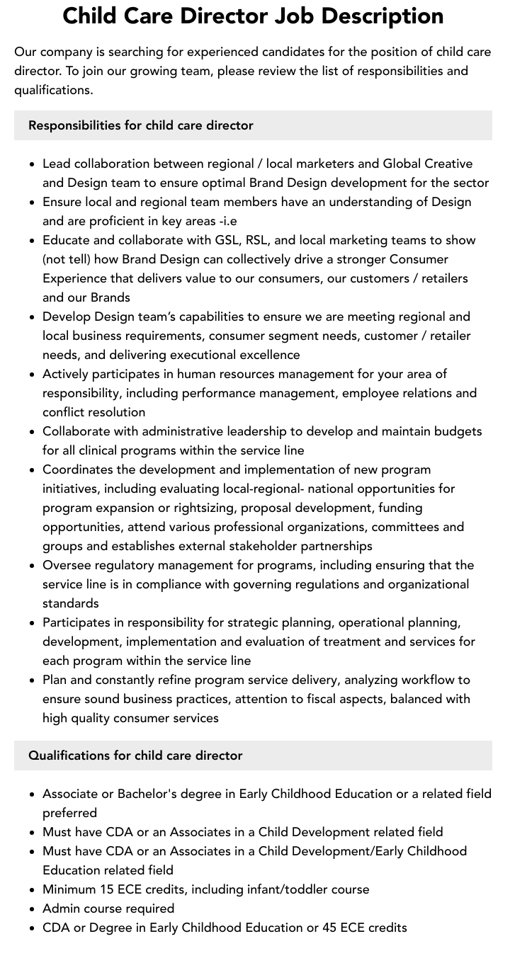 Child Care Director Job Description Velvet Jobs