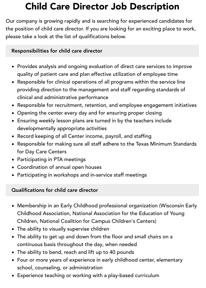 Child Care Director Job Description Velvet Jobs