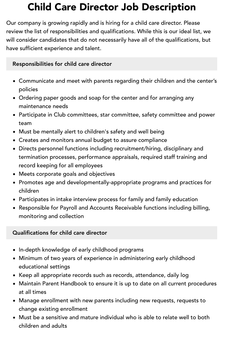 Child Care Director Job Description Velvet Jobs