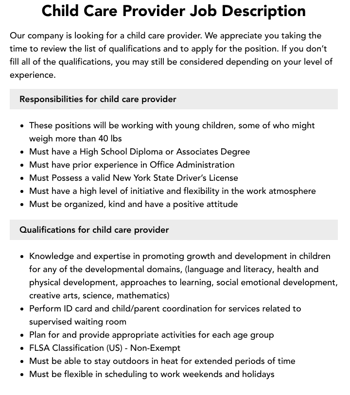 Child Care Provider Job Description Velvet Jobs