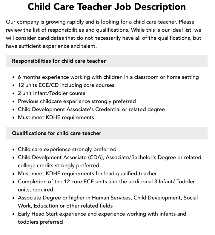 Child Care Teacher Job Description Velvet Jobs