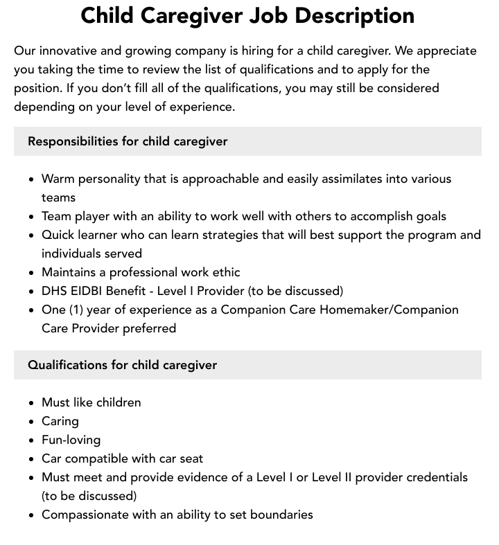 Child Caregiver Job Description Velvet Jobs