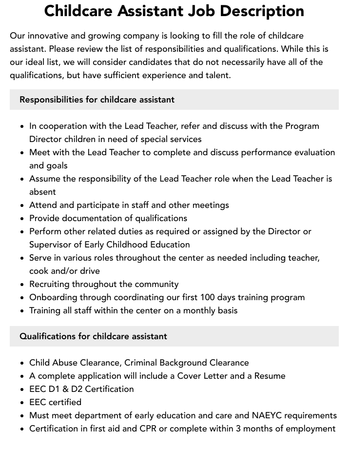 Childcare Assistant Job Description Velvet Jobs