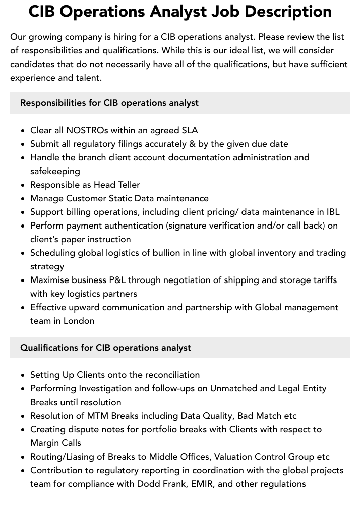 CIB Operations Analyst Job Description Velvet Jobs CIB Operations Analyst Job Description Velvet Jobs