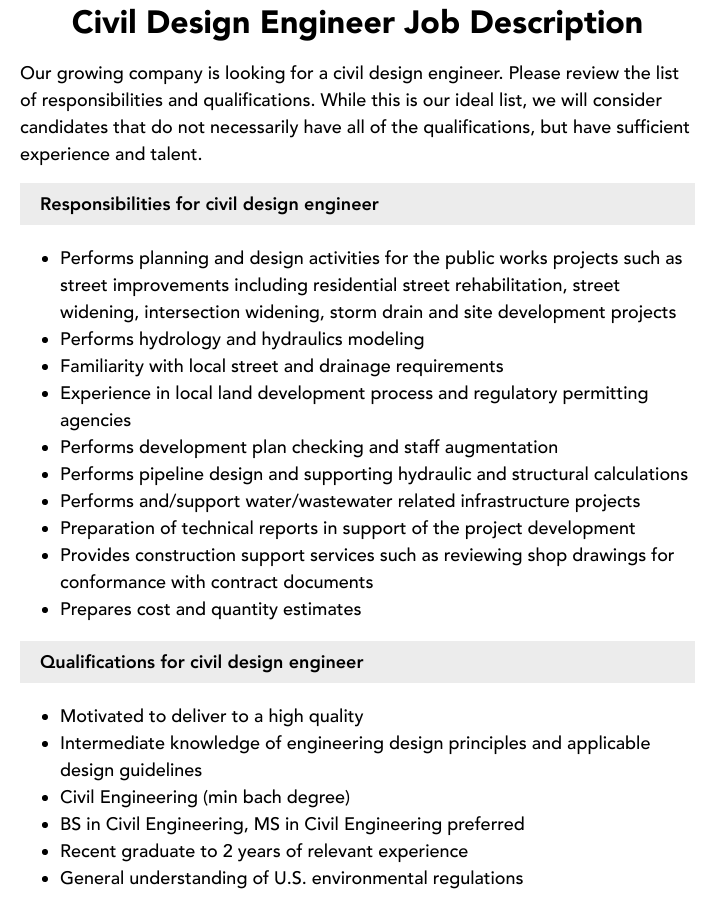 Civil Design Engineer Job Description Velvet Jobs