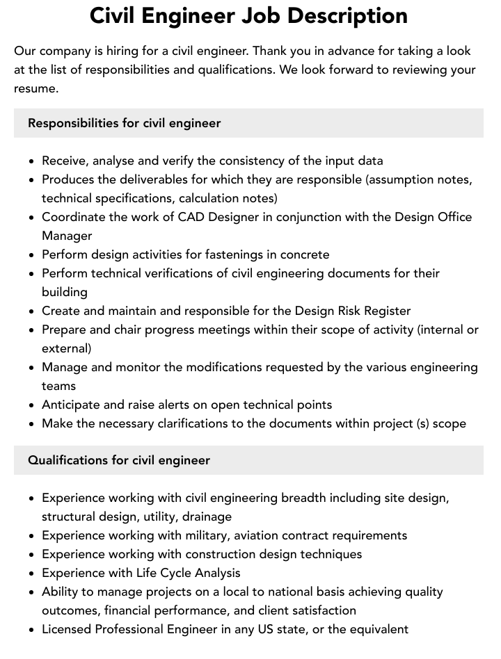 Civil Engineer Job Description Velvet Jobs