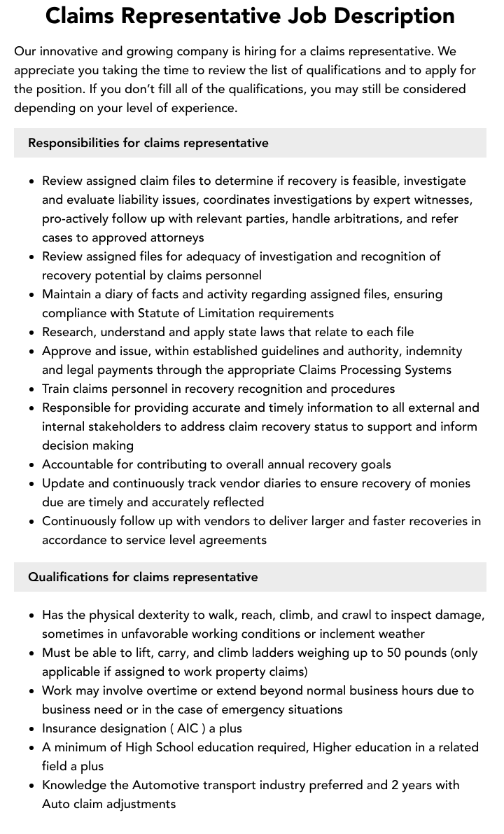 Claims Representative Job Description Velvet Jobs Claims Representative Job Description Velvet Jobs