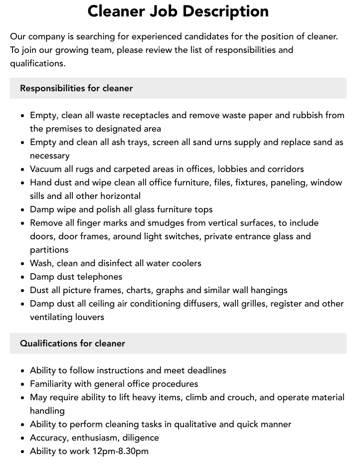 Cleaner Job Description Velvet Jobs