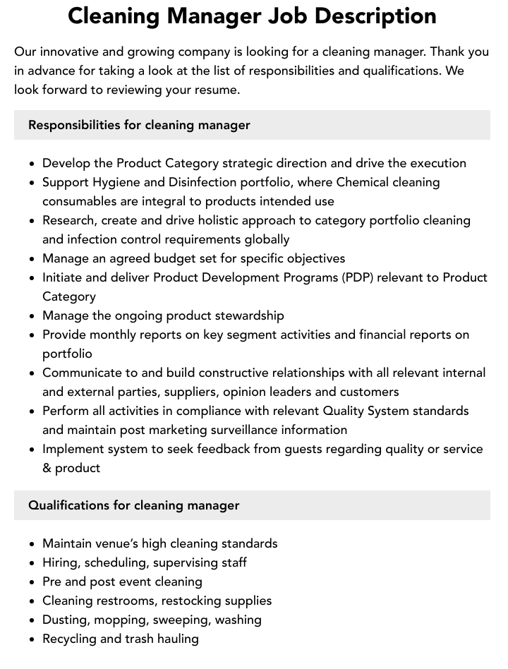  Cleaning Manager Job Description Velvet Jobs