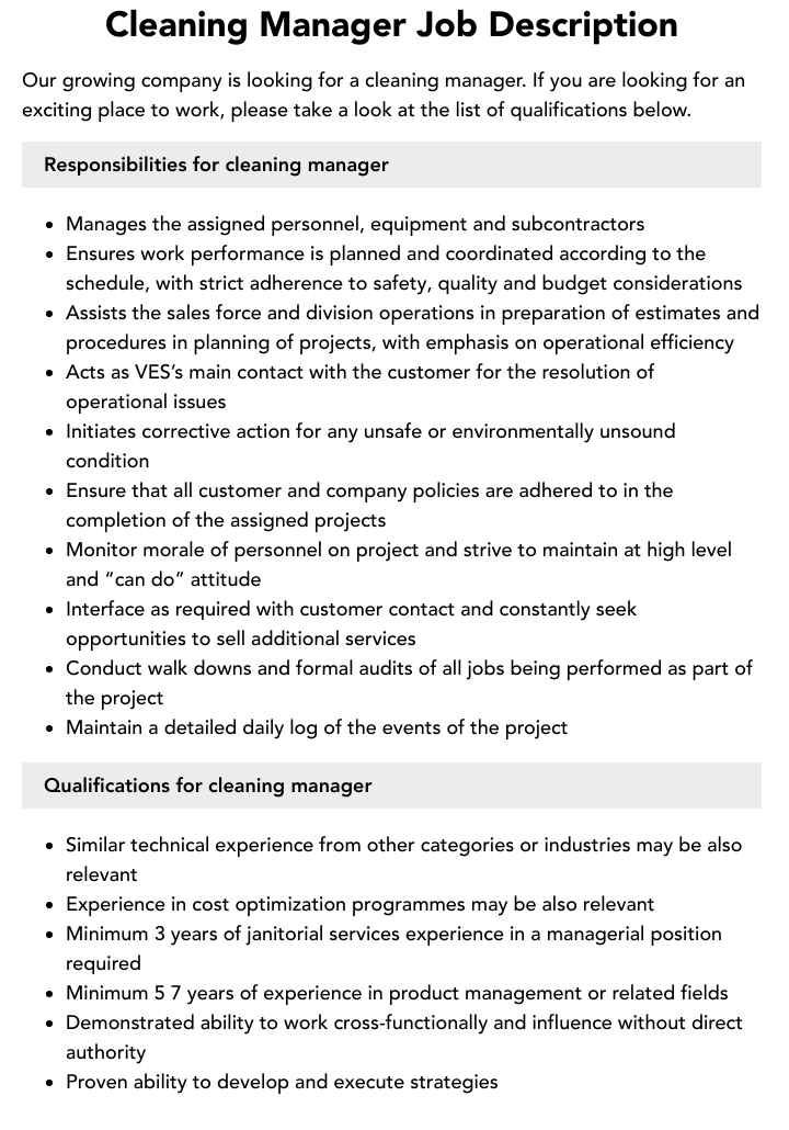  Cleaning Manager Job Description Velvet Jobs