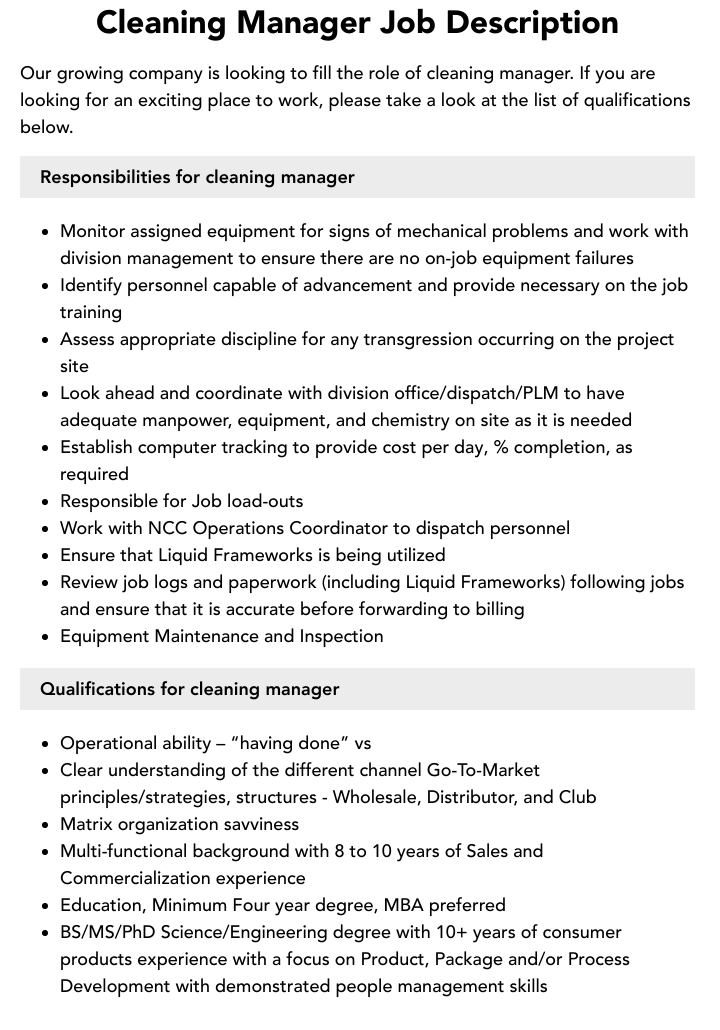 Cleaning Manager Job Description Velvet Jobs