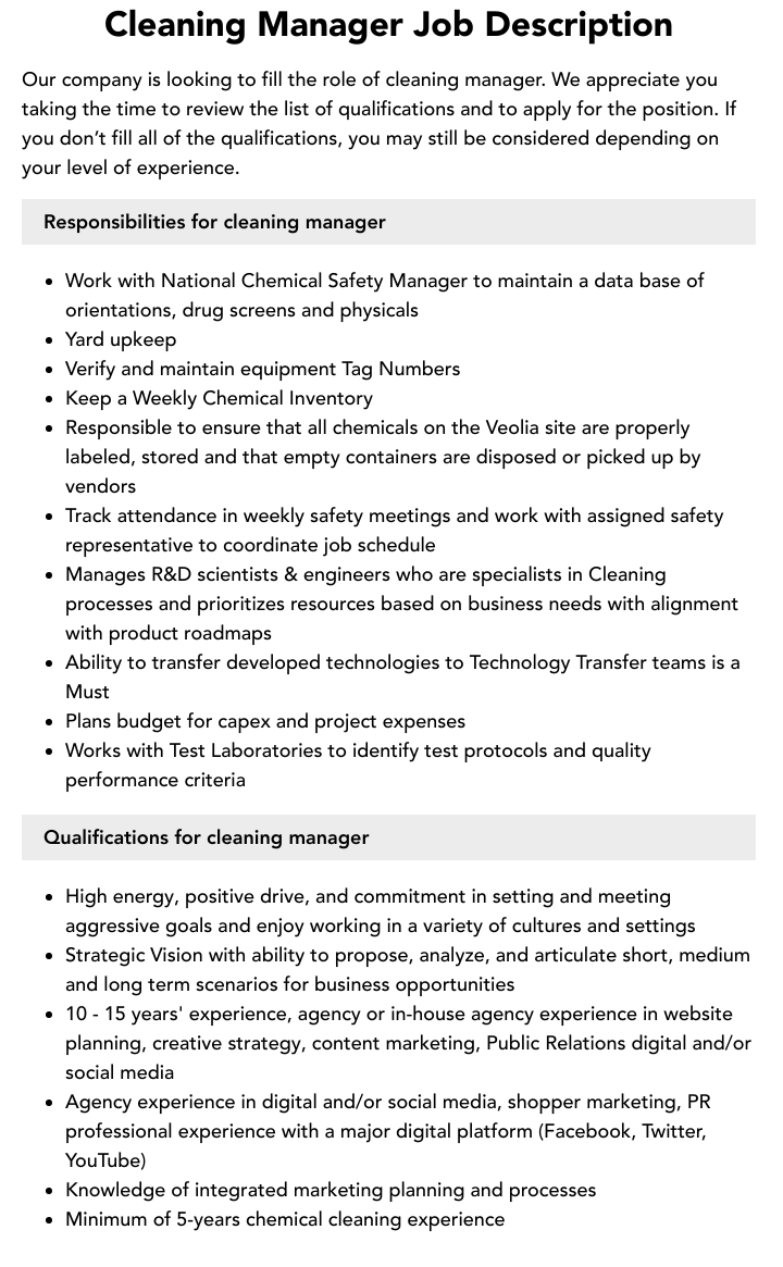 Cleaning Manager Job Description Velvet Jobs