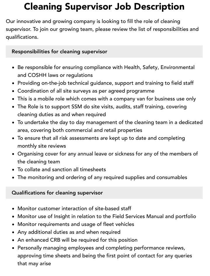 Cleaning Supervisor Job Description Velvet Jobs