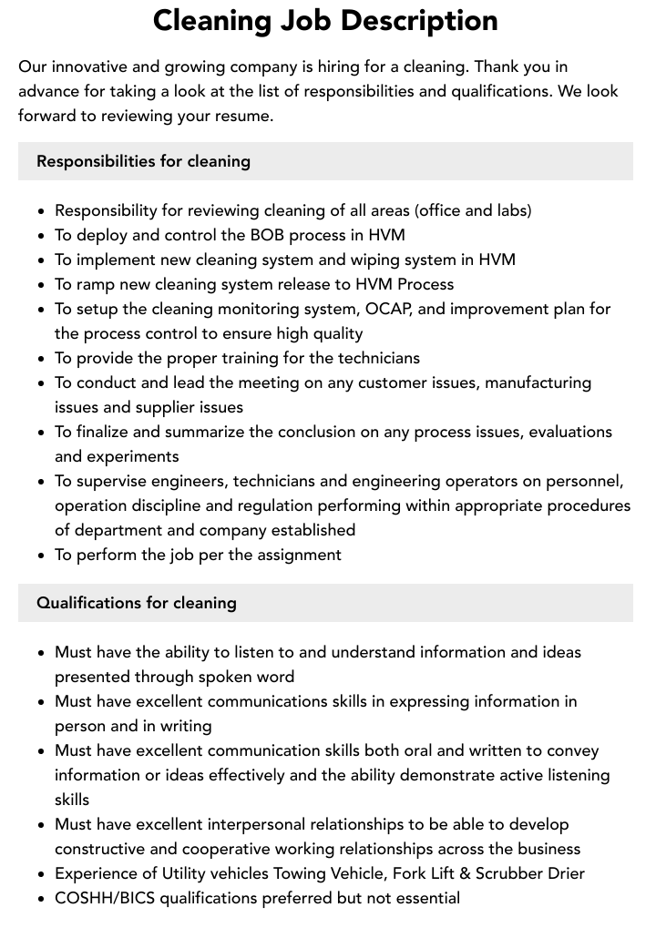 Cleaning Job Description Velvet Jobs