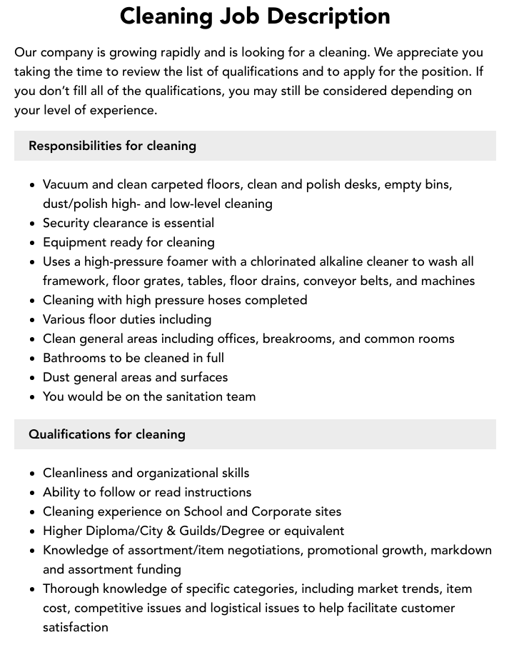 Cleaning Job Description Velvet Jobs