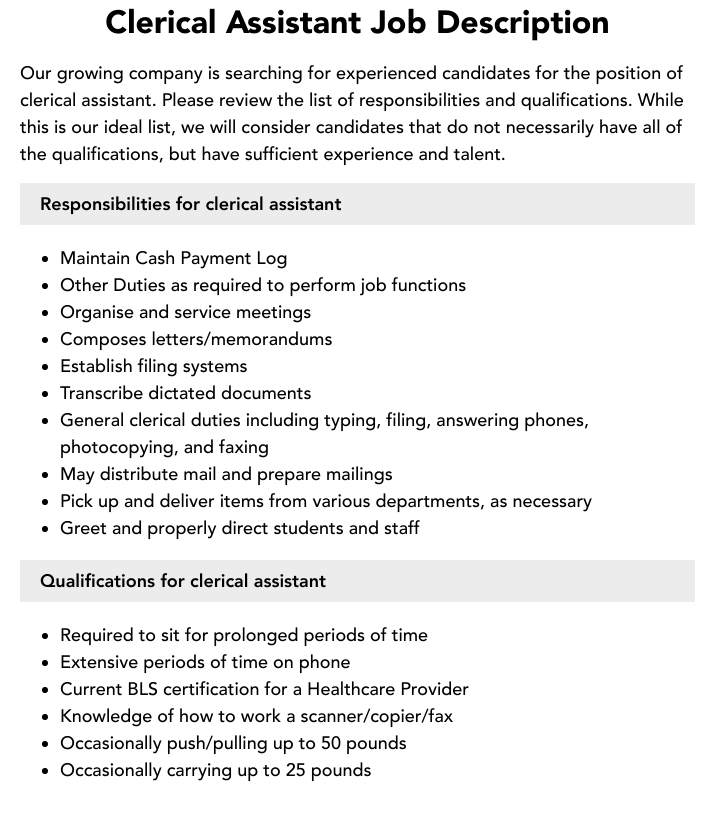 Clerical Assistant Job Description Velvet Jobs Clerical Assistant Job Description Velvet Jobs