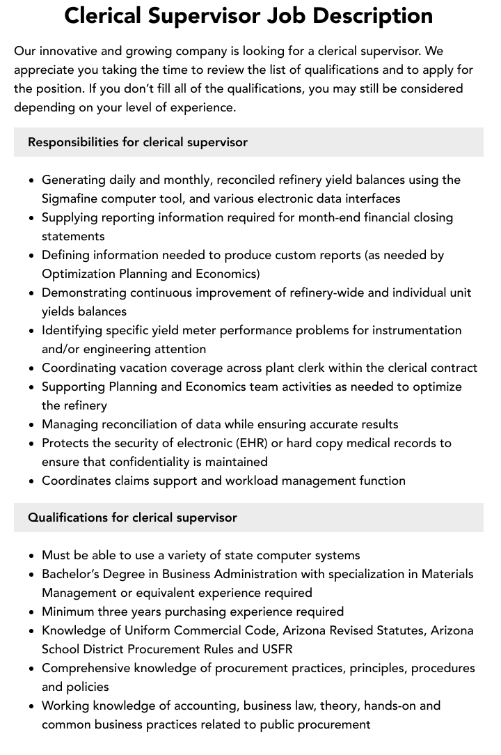 Clerical Supervisor Job Description Velvet Jobs Clerical Supervisor Job Description Velvet Jobs
