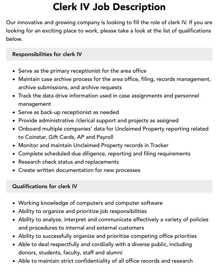 Clerk IV Job Description Velvet Jobs