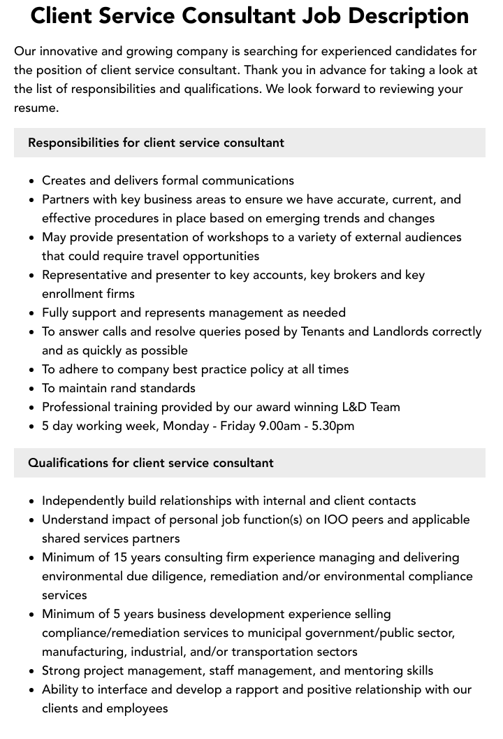 Client Service Consultant Job Description Velvet Jobs Client Service Consultant Job Description Velvet Jobs