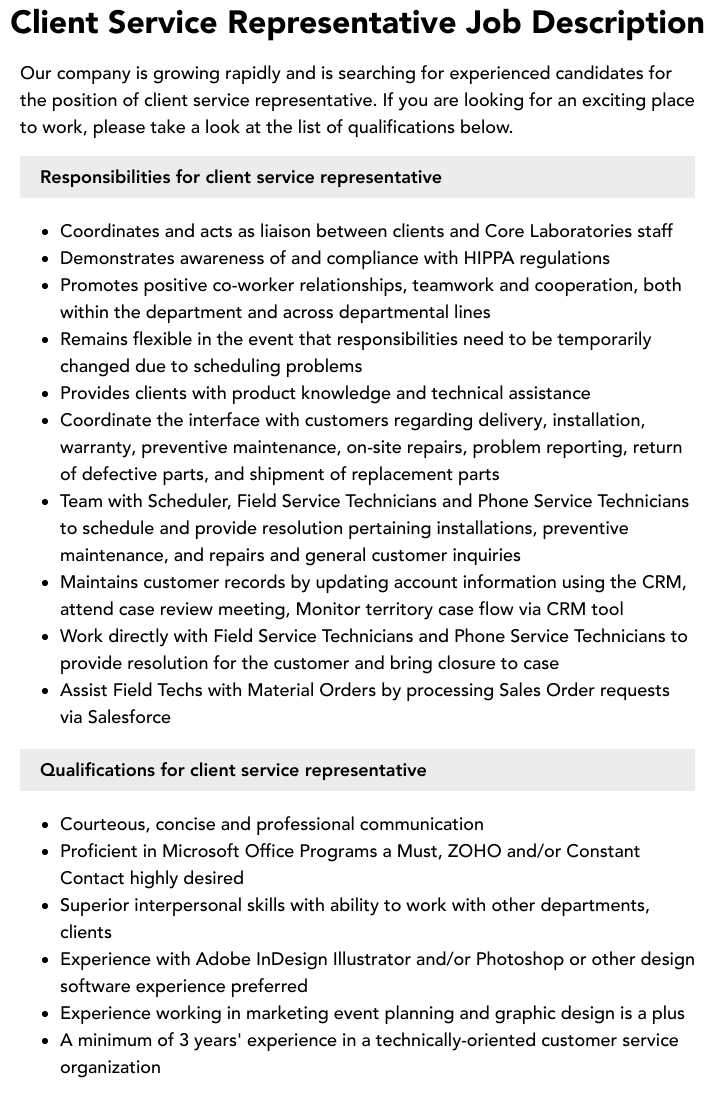 Client Service Representative Job Description Velvet Jobs