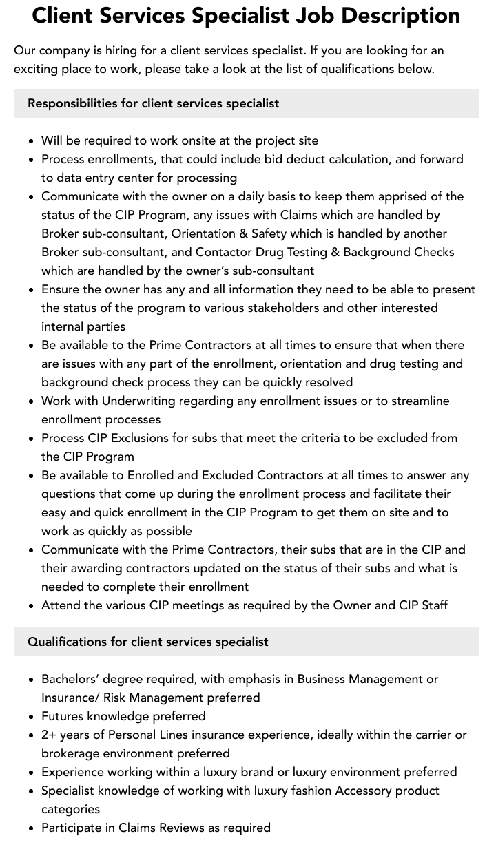 Client Services Specialist Job Description Velvet Jobs