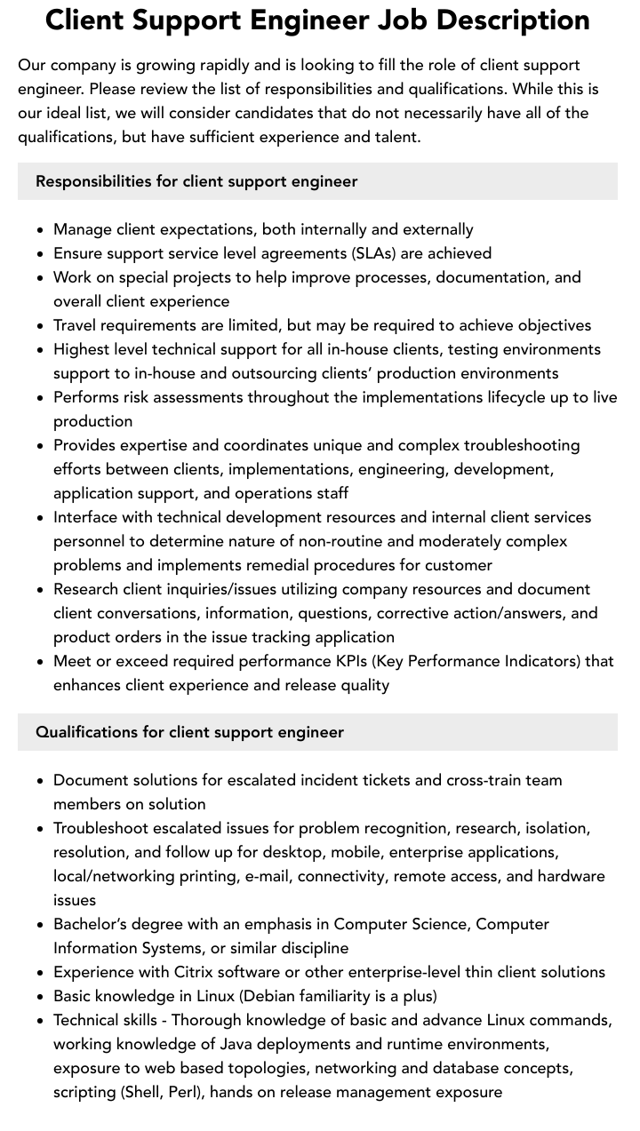 Client Support Engineer Job Description Velvet Jobs