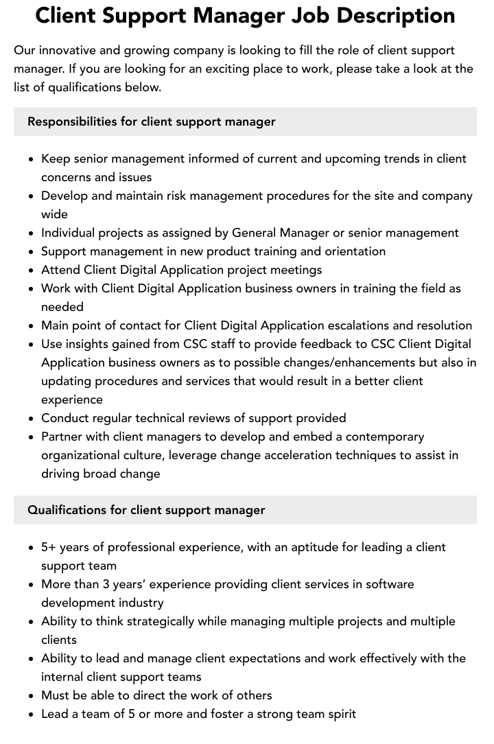 Client Support Manager Job Description Velvet Jobs