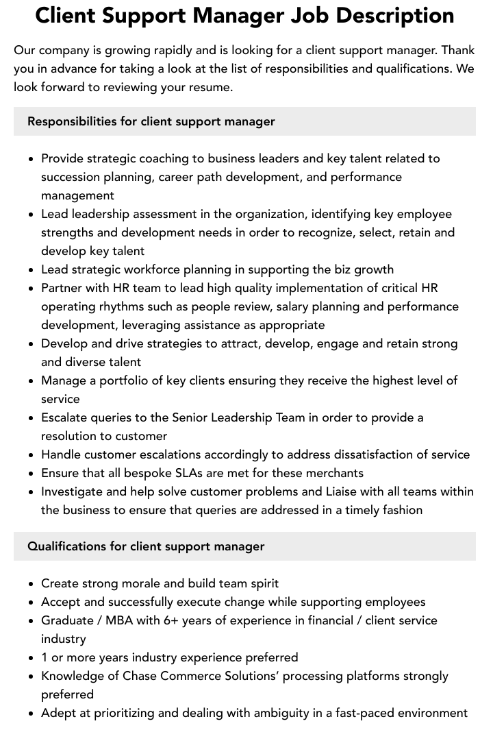 Client Support Manager Job Description Velvet Jobs