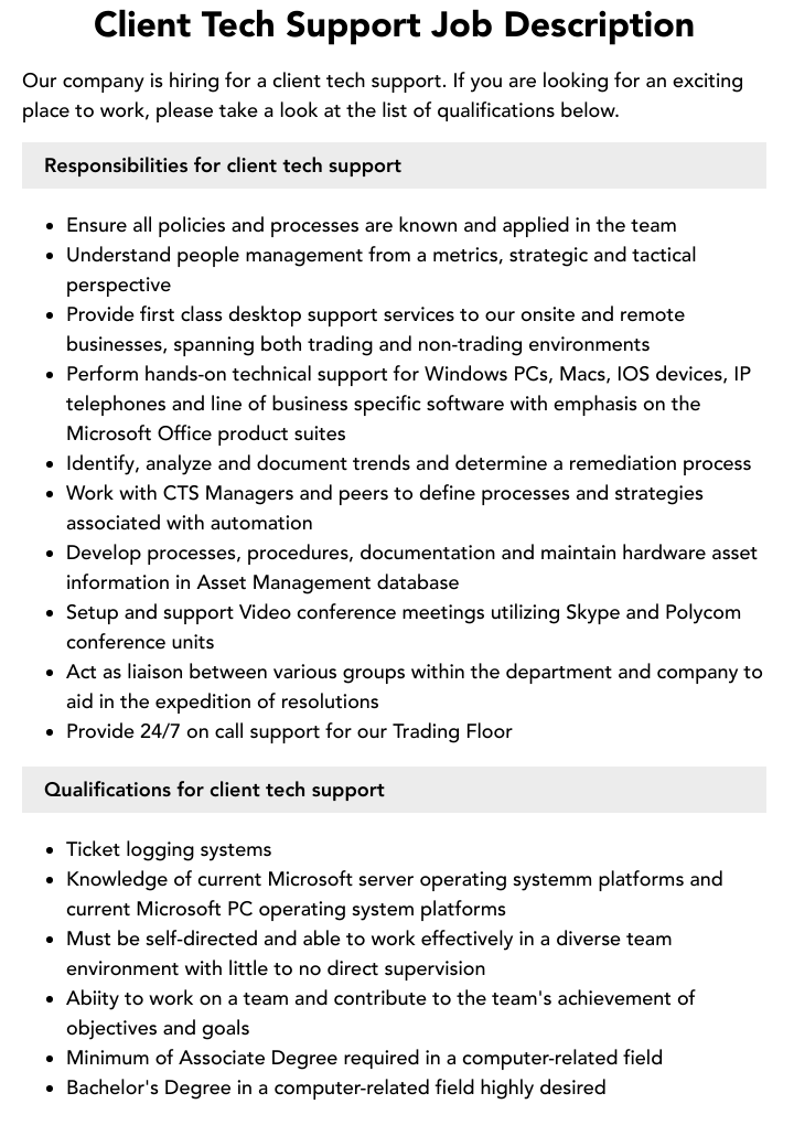 Client Tech Support Job Description Velvet Jobs