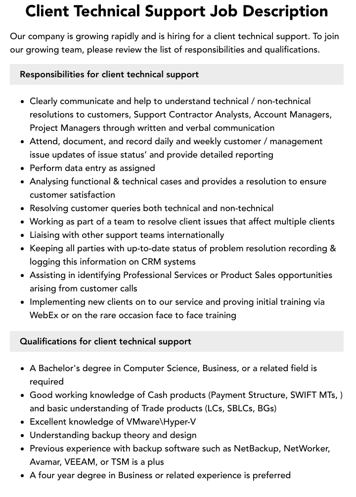Client Technical Support Job Description Velvet Jobs