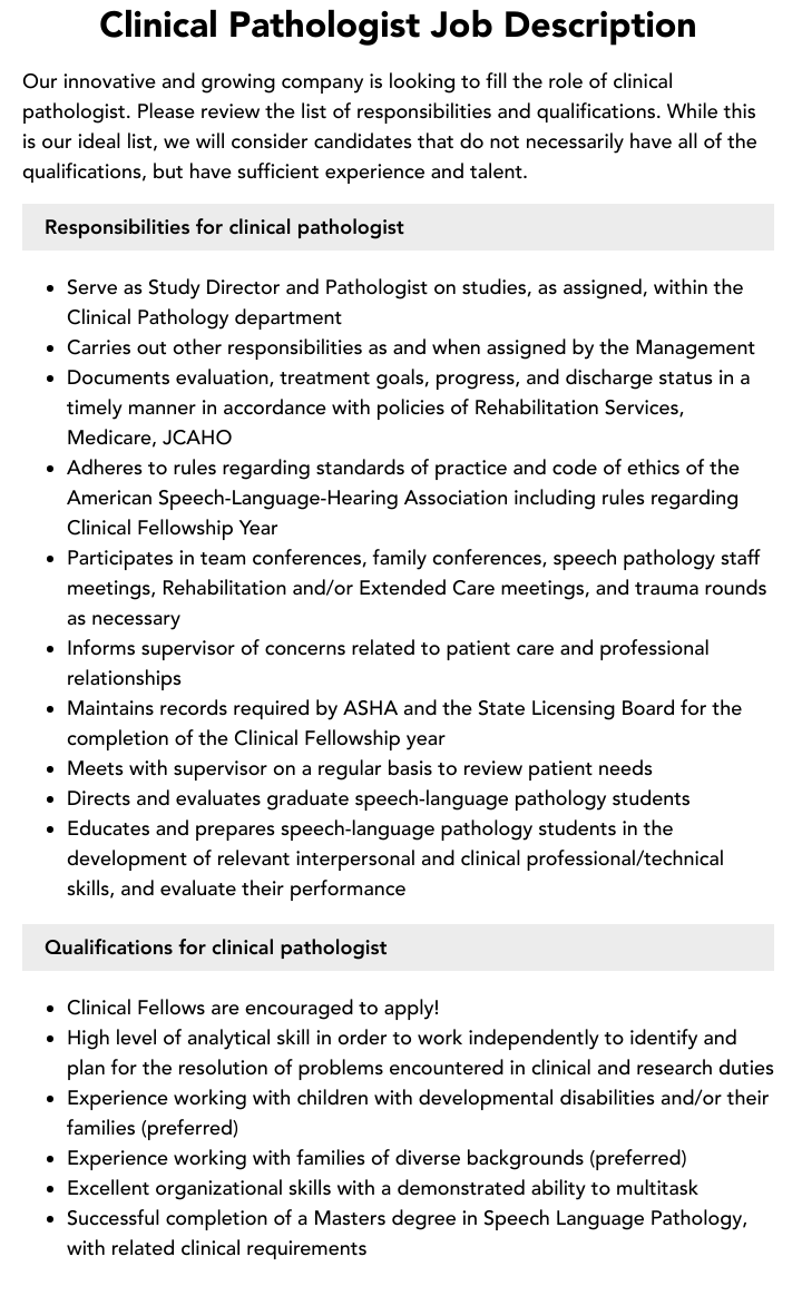 Clinical Pathologist Job Description Velvet Jobs