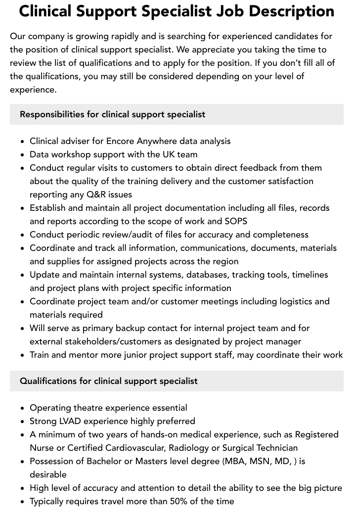 Clinical Support Specialist Job Description Velvet Jobs