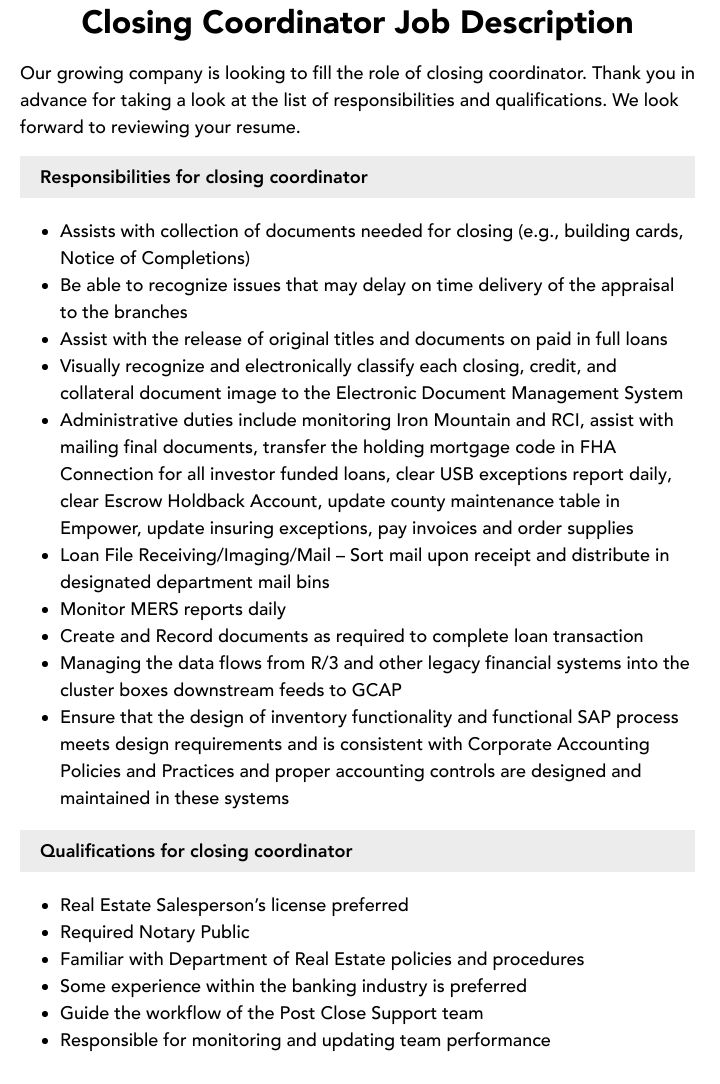 Closing Coordinator Job Description Velvet Jobs Closing Coordinator Job Description Velvet Jobs