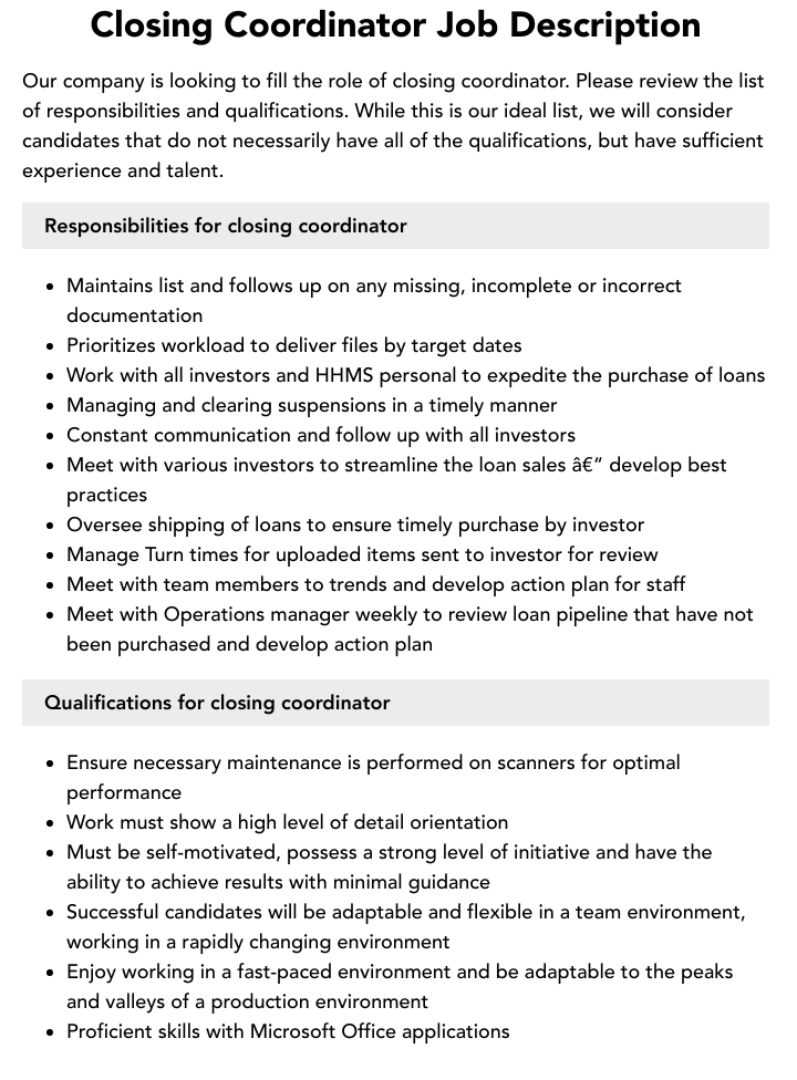 Closing Coordinator Job Description Velvet Jobs Closing Coordinator Job Description Velvet Jobs