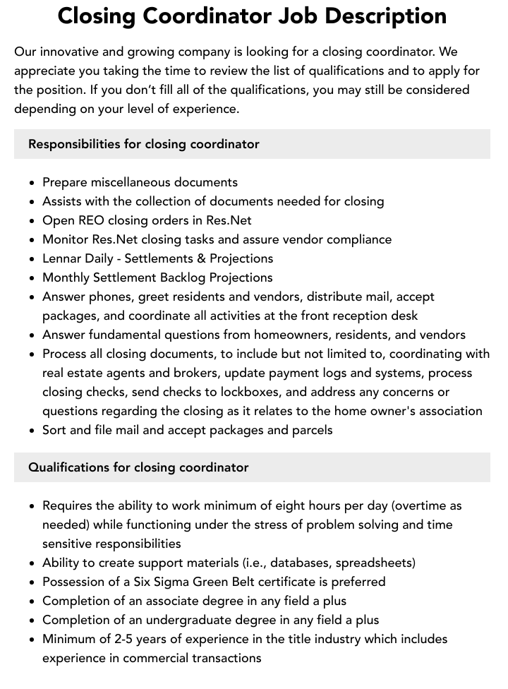 Closing Coordinator Job Description Velvet Jobs Closing Coordinator Job Description Velvet Jobs