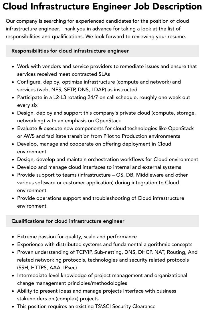 Cloud Infrastructure Engineer Job Description Velvet Jobs
