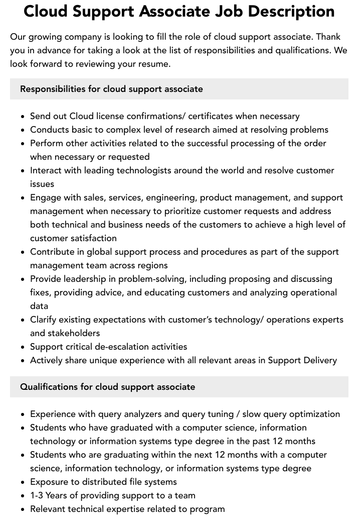 Cloud Support Associate Job Description Velvet Jobs Cloud Support Associate Job Description Velvet Jobs