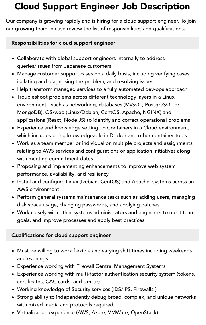 Cloud Support Engineer Job Description Velvet Jobs Cloud Support Engineer Job Description Velvet Jobs