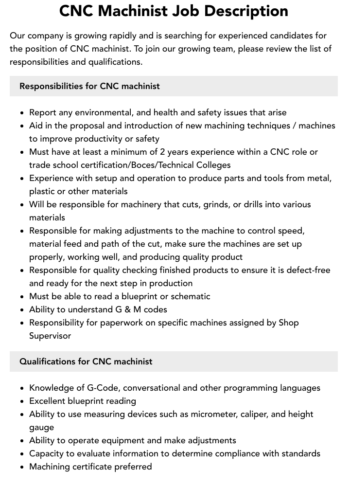 CNC Machinist Job Description Velvet Jobs