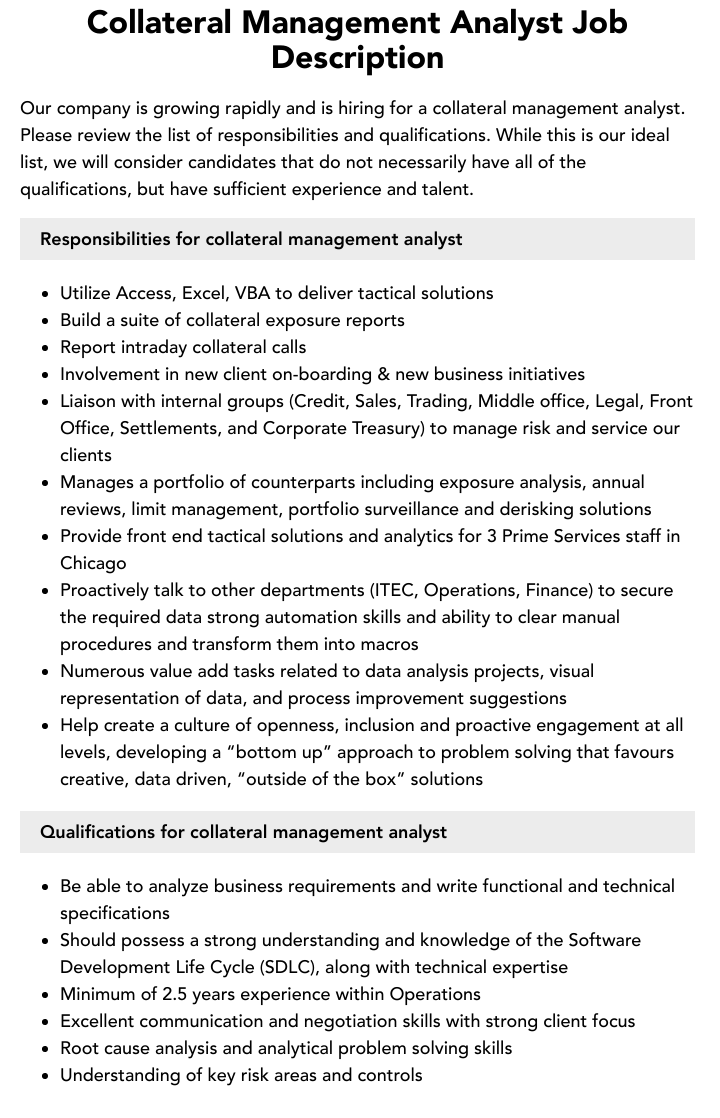 Collateral Management Analyst Job Description Velvet Jobs Collateral Management Analyst Job Description Velvet Jobs