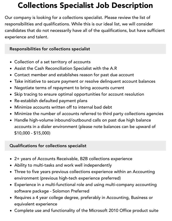 Collections Specialist Job Description Velvet Jobs