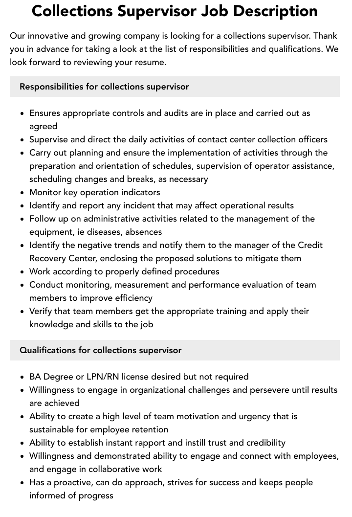 Collections Supervisor Job Description Velvet Jobs