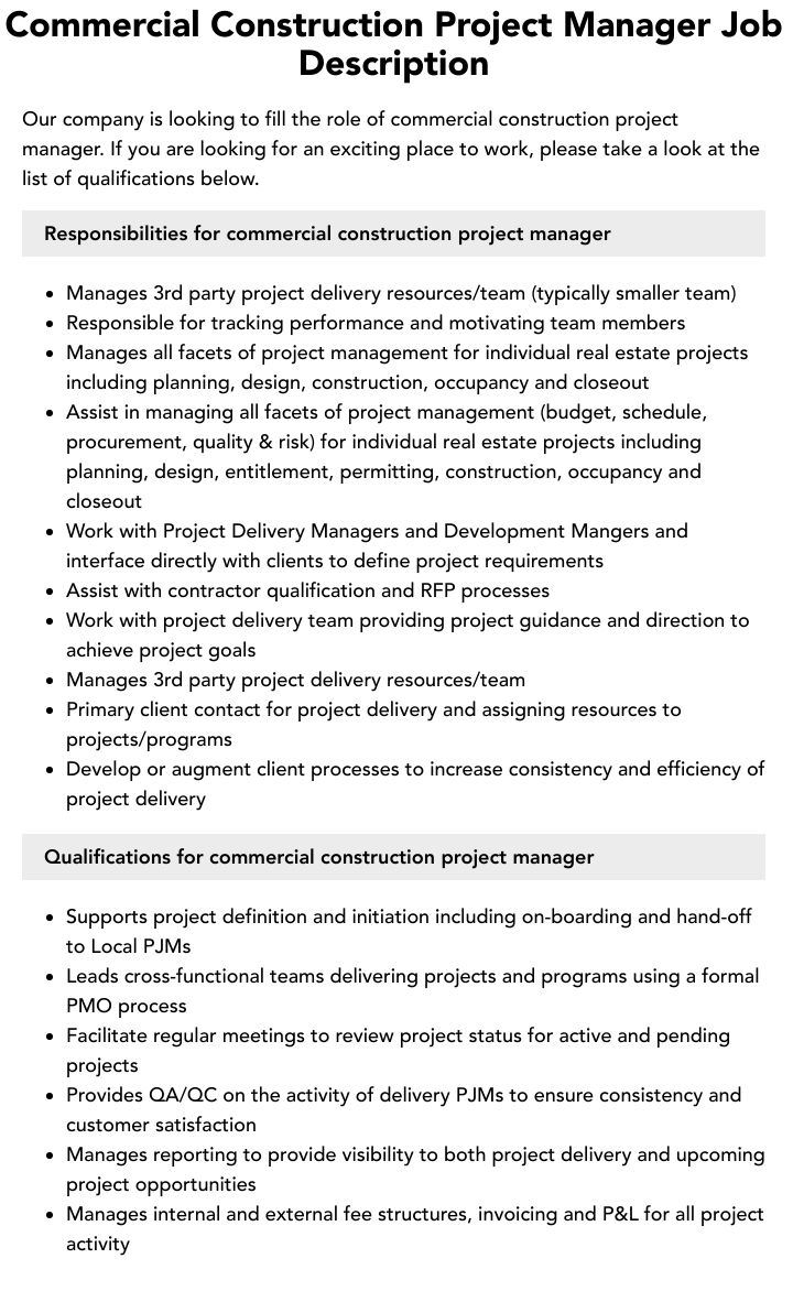 Commercial Construction Project Manager Job Description Velvet Jobs